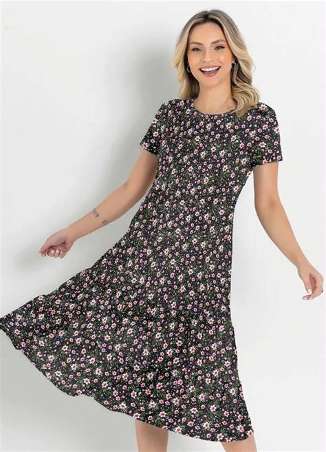 Vestido Floral Preto Babado Moda Evangélica Rosalie