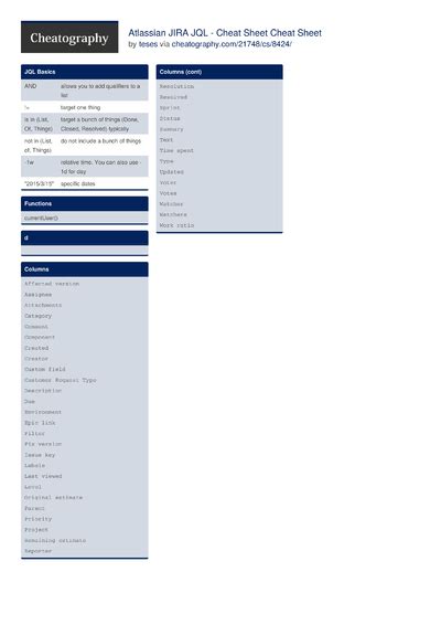 jql jira query language cheat sheet by justinbyrne download free from cheatography