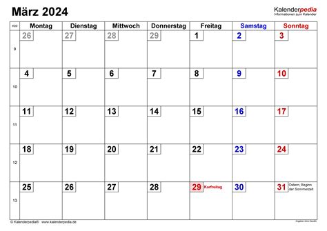 Kalender März 2024 als PDF Vorlagen