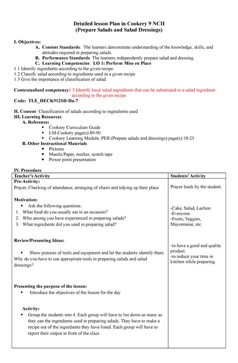 Detailed Lesson Plan In Cookery 9 Demo Objectives A Content