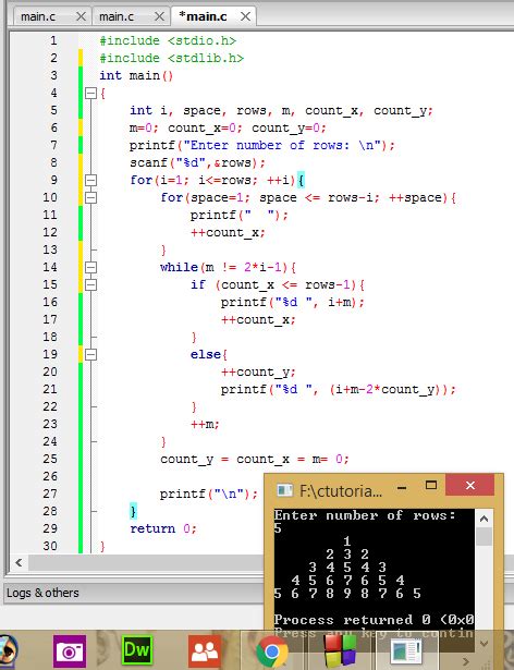 pyramid triangle number pattern in c language using for loop code for java c