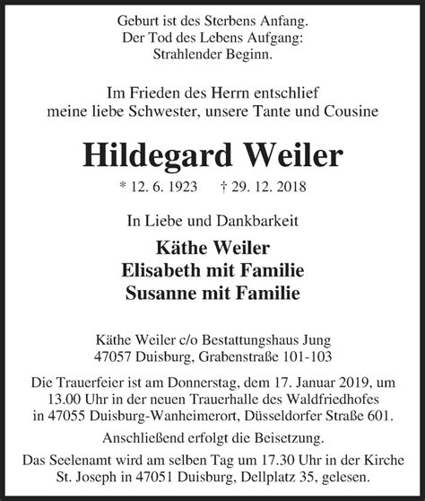 Traueranzeigen Von Hildegard Weiler Trauer In NRW De