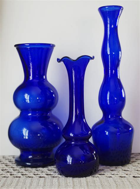 Three Cobalt Blue Glass Vases 1950s Blue Glass Vase Blue Glass Jug Glass Vase