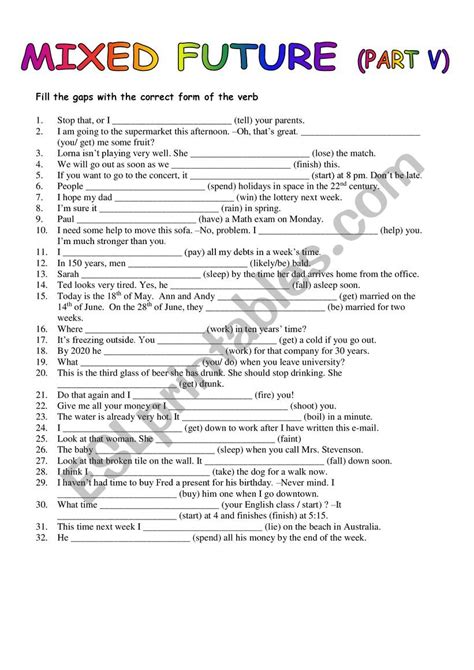 Future Tenses Mixed Exercises Printable Templates Free