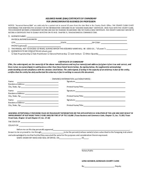 Fillable Online Assumed Name Certificate Of Ownership Atascosa County