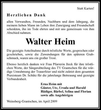 Traueranzeigen Von Walter Heim Trauerundgedenken De