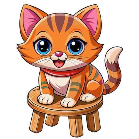 Un Gato De Dibujos Animados Se Sienta En Un Taburete De Madera Con Una