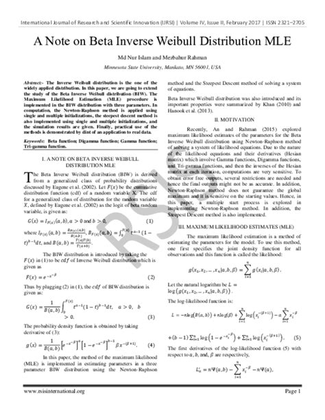 pdf a note on beta inverse weibull distribution mle rsis international
