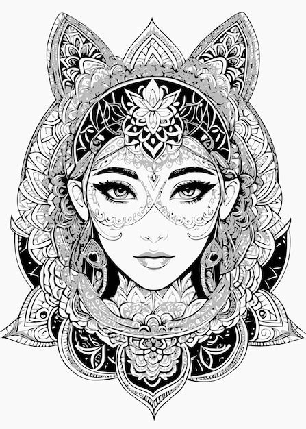 Dibujo en blanco y negro de una mujer con máscara Vector Premium