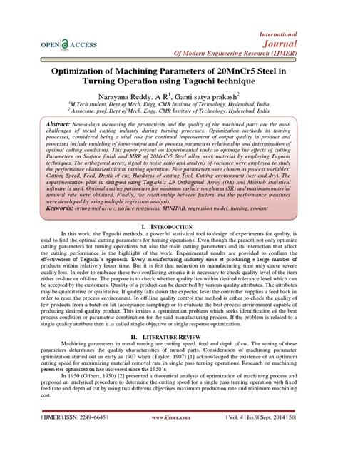 optimization of machining parameters of 20mncr5 steel in turning operation using taguchi