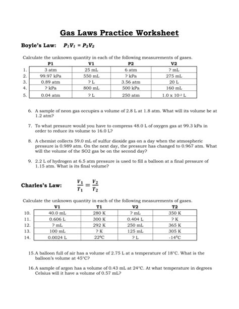 Gas Law Problems Worksheets