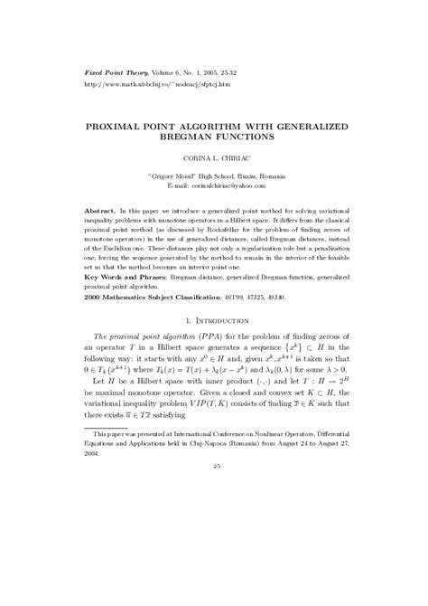 pdf proximal point algorithm with generalized bregman functions corina l chiriac