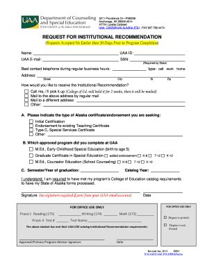 Fillable Online Uaa Alaska Institutional Recommendation University Of