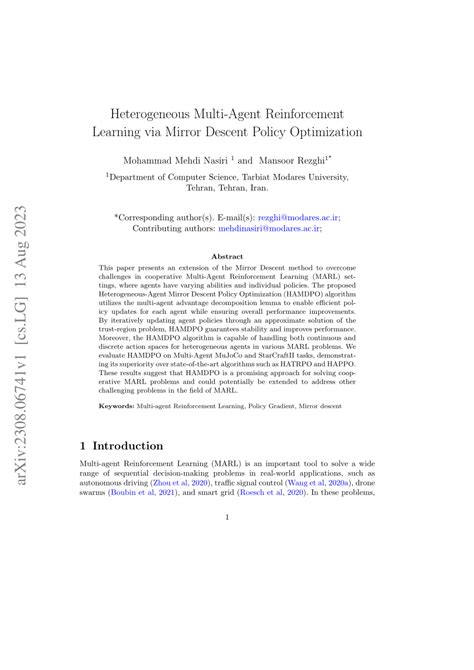 pdf heterogeneous multi agent reinforcement learning via mirror descent policy optimization