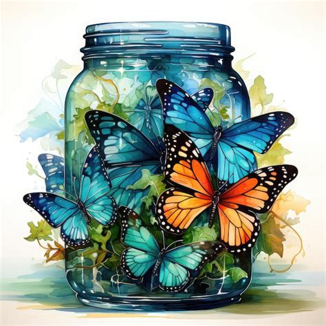 Premium Photo Watercolor Mason Jar With Butterflies Illustration