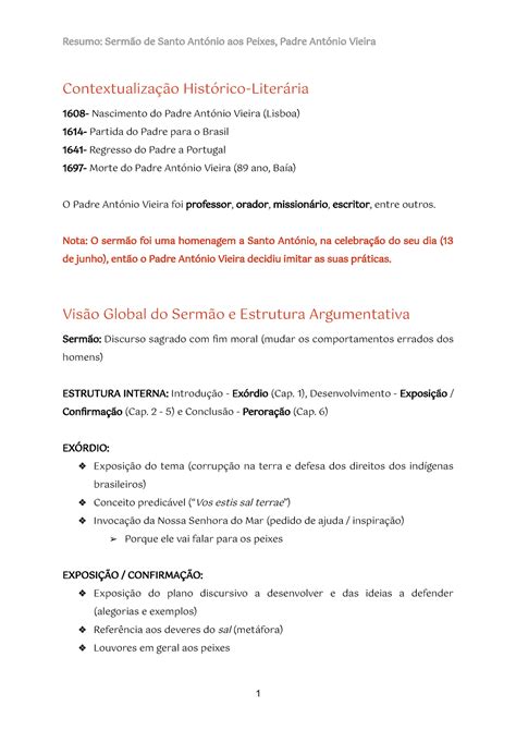 Resumo do Sermão de Sto António aos Peixes Padre António Vieira