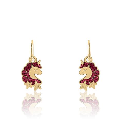Boucles D Oreilles Licornes Or Jaune 375 Laque Bambins