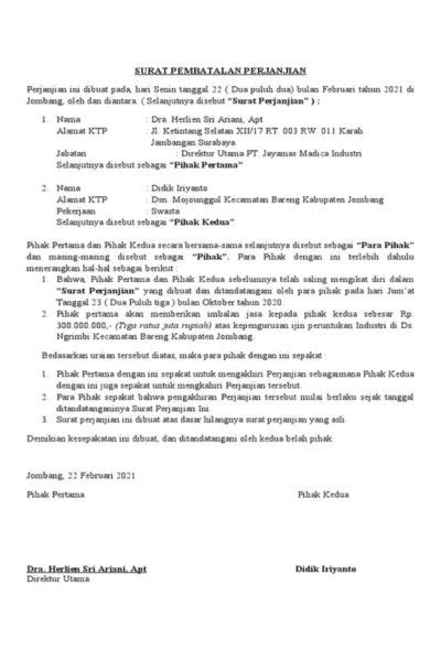 Contoh Surat Pembatalan Perjanjian Dan Formatnya