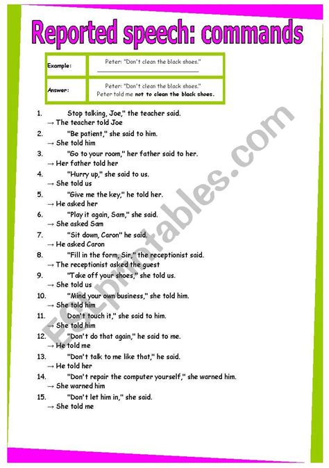 Reported Speech Commands GRAMMAR WORKSHEET 29 ESL Worksheet By