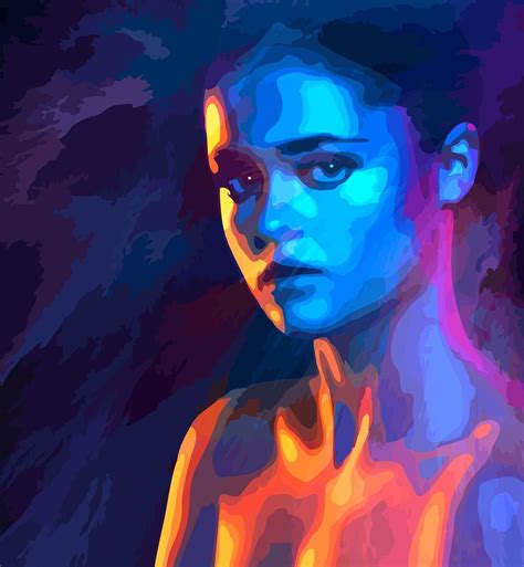 A Painting Of A Woman With Blue And Orange Colors On Her Face In Front