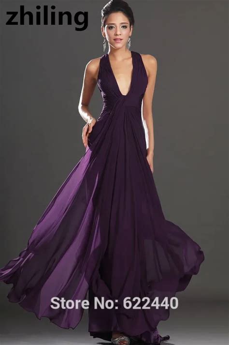 Deep Purple Evening Dresses Sexy Deep V Neck Evening Party Dress Long