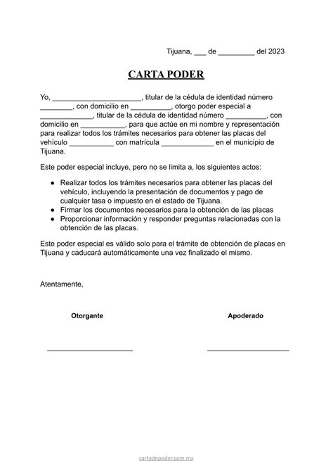 ᐅ Carta Poder Simple para Trámite de Placas en Tijuana