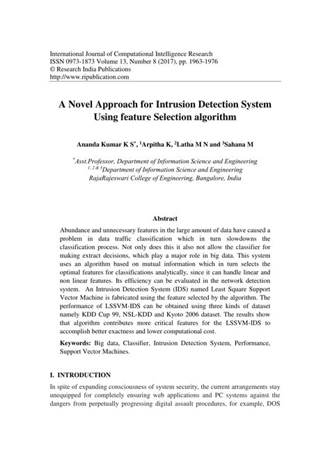 pdf a novel approach for intrusion detection system using feature selection algorithm