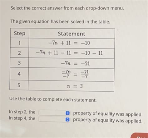 solved select the correct answer from each drop down menu the given equation has been solved