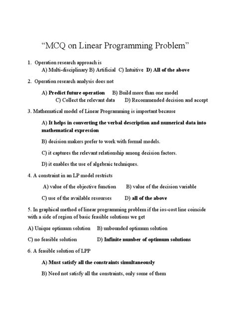 mcq on linear programming problems pdf mathematical optimization linear programming