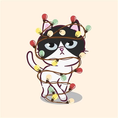 Lindo Gato De Dibujos Animados Envuelto En Guirnalda De Navidad Lindo