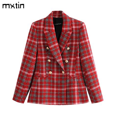 Blazers E Jaquetas Xadrez De Trespassado Duplo Feminino Terno Fino