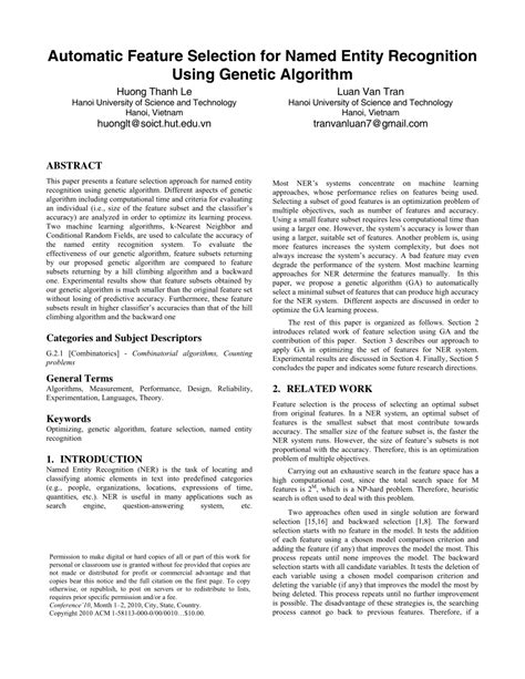pdf automatic feature selection for named entity recognition using genetic algorithm