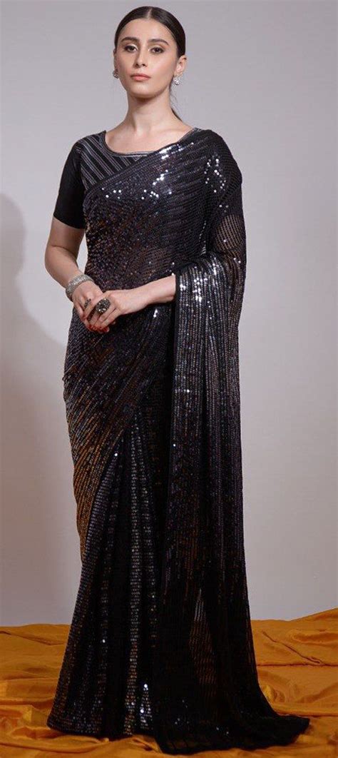 Engagement Party Wear Reception Black And Grey Color Georgette Fabric