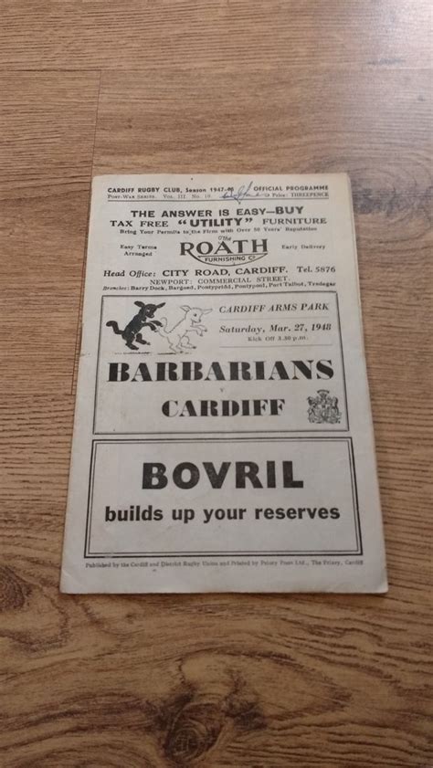 Cardiff V Barbarians 1948 Rugby Programme Rugbyreplay