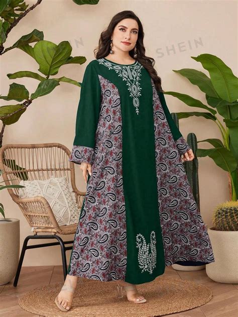 SHEIN Najma Plus Size Women S Long Sleeve Paisley Print Jalabiya Dress
