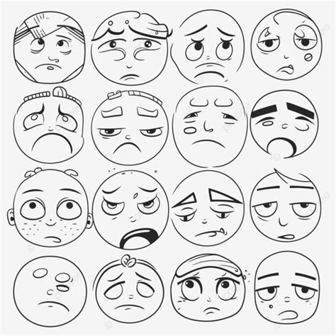 Sad Emotion Set Of Cartoon Faces Outline Sketch Drawing Vector Face
