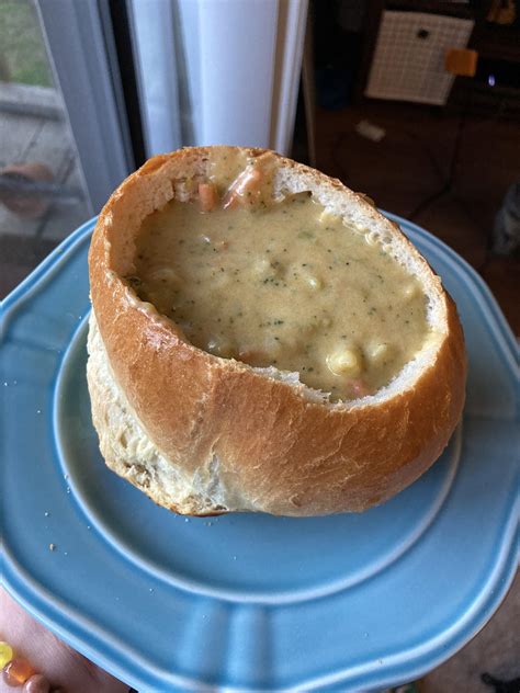 Homemade Broccoli Cheddar Soup In A Bread Bowl R Food