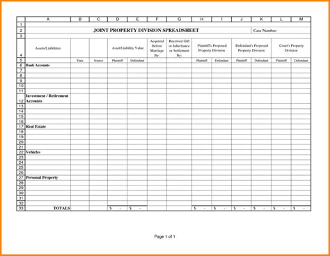 Divorce Property Division Worksheet Excel Universal Network