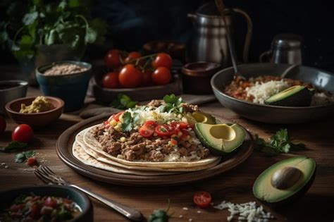 Una Mesa Llena De Comida Que Incluye Un Taco Con Aguacate Arroz Y