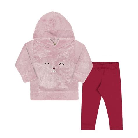 Conjunto Frio Inverno Beb Menina Capuz Pel Cia Gatinha Rosa