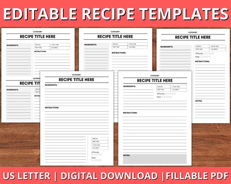 Recipe Template Printable Recipe Book Editable Recipe Template