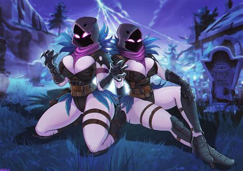 Rule 34 2girls Cleavage Female Fortnite Hood Kneeling Large Breasts Purple Skin Raven