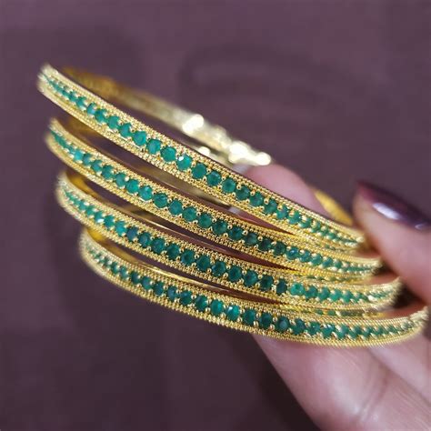 Green Bangles Set 4 Bangle Set 22k Gold Plated White CZ Etsy
