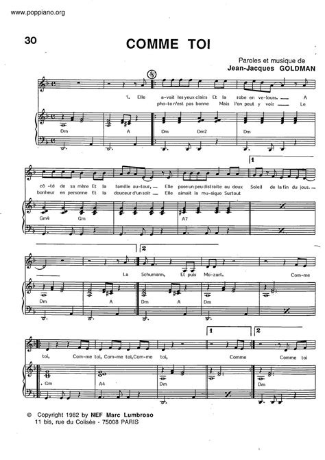 Jean Jacques Goldman Comme Toi 琴谱 五线谱pdf 香港流行钢琴协会琴谱下载