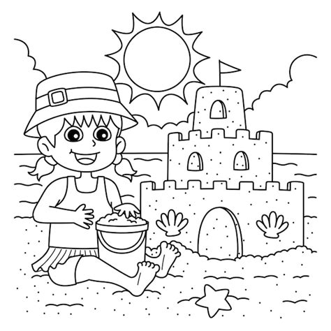 Una linda y divertida página para colorear de una niña construyendo un