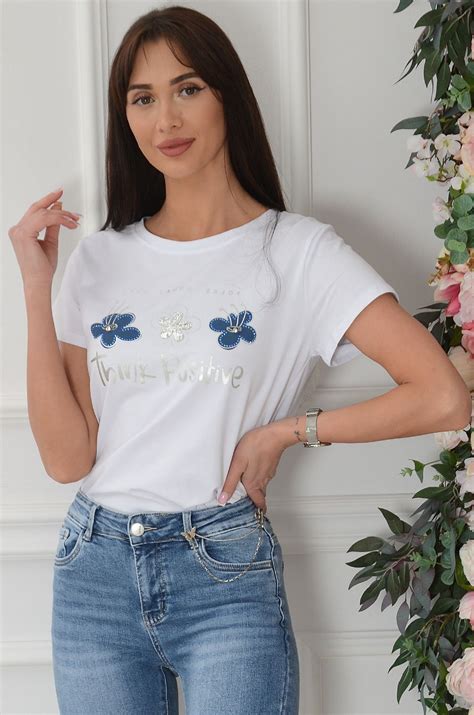 Bluzka T shirt z nadrukiem biała bluzki topy koszule Sklep