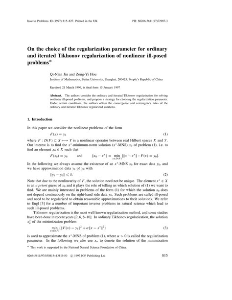 pdf on the choice of the regularization parameter for ordinary and iterated tikhonov