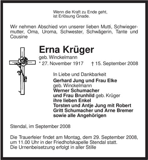 Traueranzeigen Von Erna Kr Ger Az Trauer De