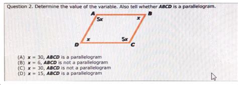 solved question 2 determine the value of the variable also tell whether abcd is a