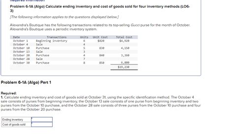 solved problem 6 1a algo calculate ending inventory and